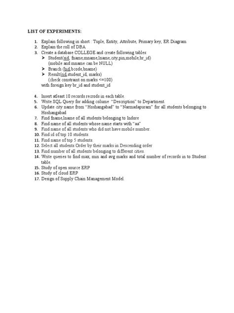 List Of Experiment Rdbms Updated Pdf