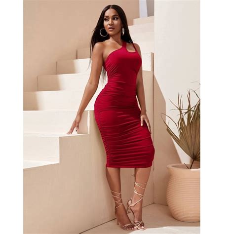 Rouge Dresses Red Sexy Ruched Bodycon Dress Cut Out One Shoulder