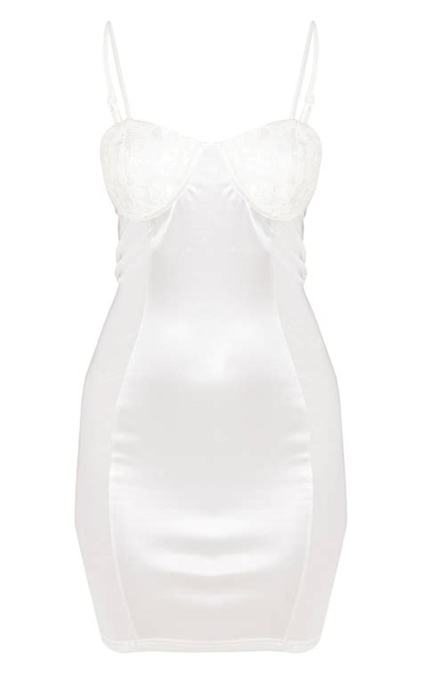 White Lace Cup Satin Mesh Insert Bodycon Dress Prettylittlething