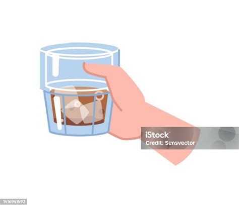위스키 또는 럼주 알코올 음료로 손을 환호합니다 벡터 일러스트 레이 션 콜드 럼 콜라와 브랜디가 들어간 칵테일 바텐더 손에 아일랜드 버번 위스키 각얼음에 대한 스톡 벡터