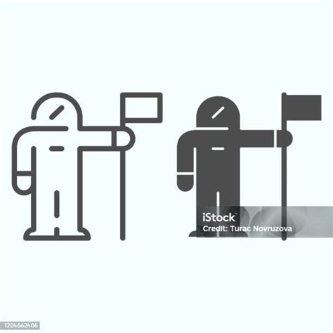 코스모나우트 식민지 선과 솔리드 아이콘 국기와 정장에 우주 비행사 우주 탐사 디자인 개념 흰색 배경에 윤곽 스타일 픽토그램 웹 및 응용 프로그램에 사용 Eps 10 10에