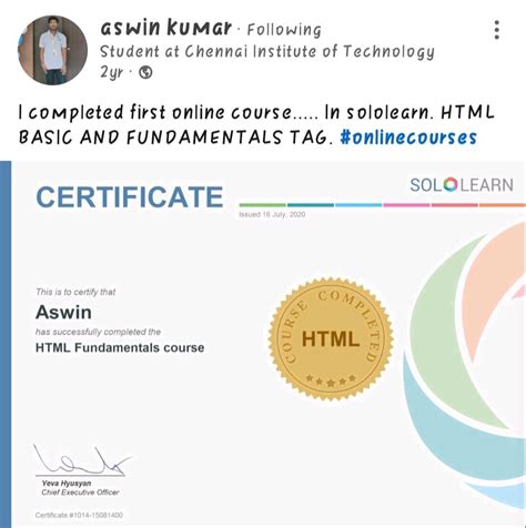 This Is Also One Of My Course Certificate I Had Completed Html Course… Aswin Kumar P