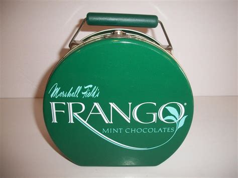 Marshall Fields Frango Mint Chocolates Round Hinged Suitcase Tin With