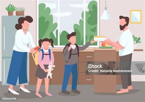 부모 플랫 컬러 벡터 일러스트레이션 부모는 아이들이 학교에 갈 준비를 도와줍니다 아빠는 아들에게 발사를 해줍니다 엄마는 딸을 도와줍니다 배경에 인테리어와 가족 루틴 2d