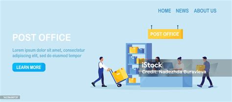 리셉션 데스크가 있는 우편 배달 사무실 우체국에서 고객에게 소포를 제공하는 우체부 우체국 직원 택배 운반 상자 손 카트 밀기 소포 배송 대응 배송 경영자에 대한 스톡 벡터