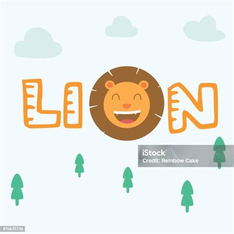 귀여운 미소 행복 한 사자 정글 킹 멋진 T셔츠 찻잔 가방 도시락 벽지 래퍼 포스터 및 배너 디자인을 아이 들을 위한 평면 벡터 일러스트 레이 션 구름에 대한 스톡 벡터