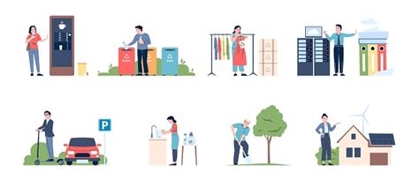 친환경 습관 생태학 라이프 스타일 쓰레기를 분류하는 사람들 경제 에너지 및 물 플라스틱 및 의류 재활용을 사용합니다 최근 벡터