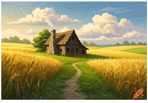 A Rustic Wooden Farmhouse With A Stone Chimney Sits In A Sunny Golden