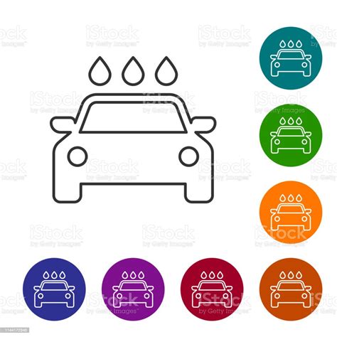 회색 자동차 세척 라인 아이콘 흰색 배경에 고립입니다 세차 서비스와 물 구름 아이콘입니다 컬러 서클 버튼에 아이콘을 설정 합니다 벡터 일러스트 개념에 대한 스톡 벡터 아트