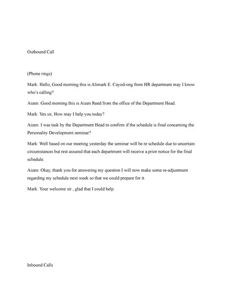 English Proficiency Script Inbound And Outbound Call Outbound Call