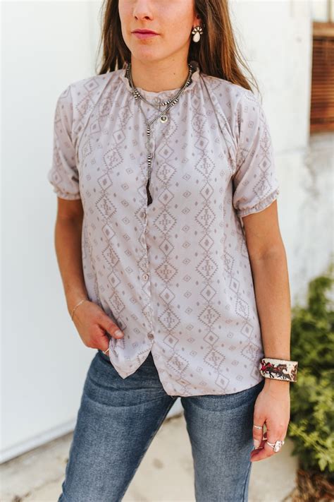 Ivory Aztec Short Sleeve Button Down Pleated Detail Shirt Plus Size