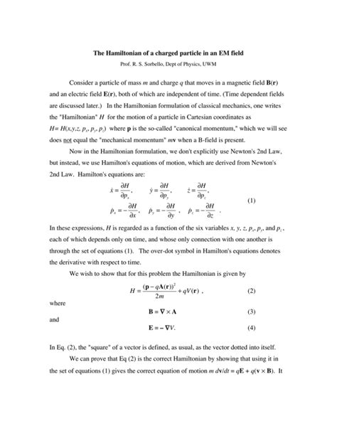 The Hamiltonian Of A Charged Particle In An Em Field