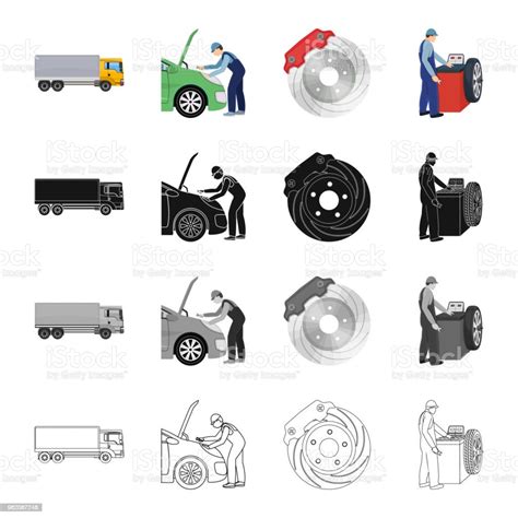 다른 장비 펌프 리프트 자동차 디자인에 대 한 설정 컬렉션 아이콘 만화 자동차 정비 역 벡터 기호 재고 일러스트 레이 션 웹입니다 기계공에 대한 스톡 벡터 아트 및 기타