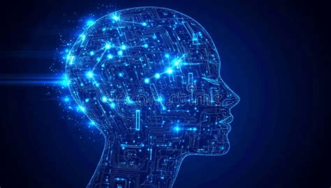 Abstract Human Head Silhouette Formed By Glowing Blue Circuitry And Binary Code On Dark