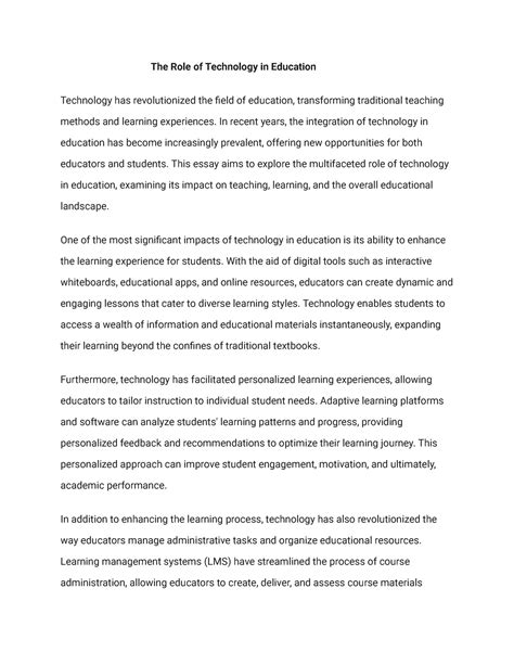 English 1 Eassy The Role Of Technology In Education Technology Has Revolutionized The Field