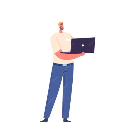 Premium Vector Factory Engineer Male Character With Laptop Uses Technology To Manage