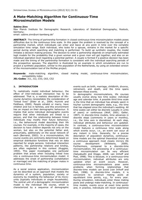 Pdf A Mate Matching Algorithm For Continuous Time Microsimulation Models