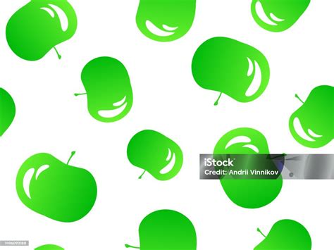 흰색 바탕에 녹색 사과가 있는 매끄러운 패턴입니다 3d 효과를 만들기 위해 빛을 반사하는 사과 종이와 직물 배너 및 포스터에 인쇄하기 위한 디자인 벡터 그림 3차원 형태에