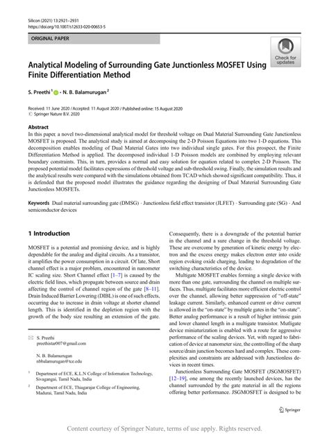 Analytical Modeling Of Surrounding Gate Junctionless Mosfet Using Finite Differentiation Method