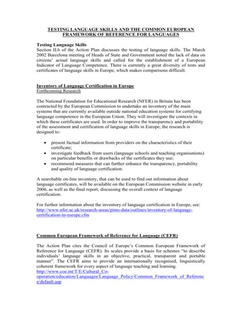 Testing Language Skills And Common European Framework Of