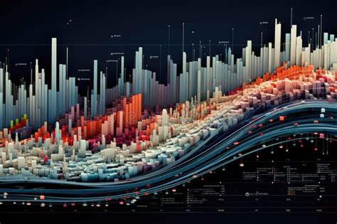 Colorful 3d Bar Graph And Line Data Visualization With Various Height Bars And Overla Stock