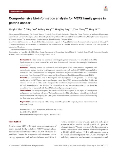 PDF Comprehensive Bioinformatics Analysis For MEF2 Family Genes In Gastric Cancer