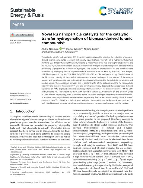 Pdf Novel Ru Nanoparticles Catalysts For Catalytic Transfer Hydrogenation Of Biomass Derived