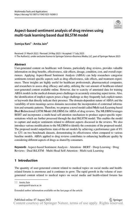 Aspect Based Sentiment Analysis Of Drug Reviews Using Multi Task Learning Based Dual Bilstm Model