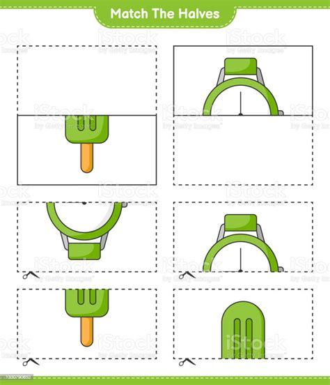 반쪽을 일치시다 아이스크림과 시계의 절반을 일치합니다 교육 어린이 게임 인쇄 워크 시트 벡터 일러스트레이션 0명에 대한 스톡