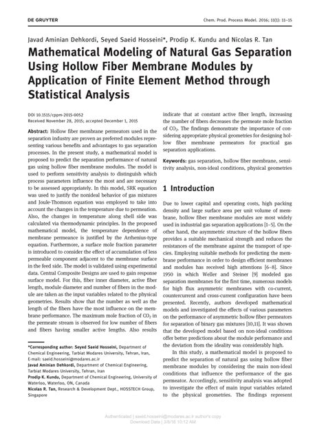 Pdf Mathematical Modeling Of Natural Gas Separation Using Hollow Fiber Membrane Modules By