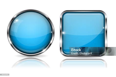 유리 버튼입니다 블루 스퀘어와 라운드 3d 버튼 금속 프레임 흰색 바탕에 리플렉션을 사용 하 여 0명에 대한 스톡 벡터 아트 및