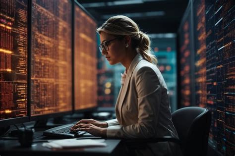 Premium Ai Image Portrait Of A Woman Working On Computer Typing Lines Of Code That Appear On