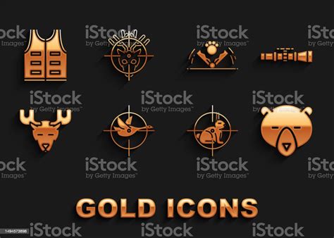 십자선 스나이퍼 광학 시력 곰 머리 토끼 무스 뿔 함정 사냥 사냥 재킷 및 사슴 아이콘으로 오리에 사냥을 설정하십시오 벡터 거위