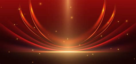 추상적이고 우아한 빨간 곡선 광선 와 금색 조명 효과 진한 빨강 배경에 반짝임 템플릿 프리미엄 어워드 디자인입니다 Theatrical Performance에 대한 스톡 벡터
