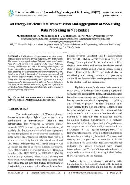 an energy efficient data transmission and aggregation of wsn using data processing in mapreduce