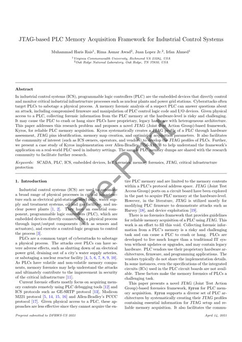 Pdf Jtag Based Plc Memory Acquisition Framework For Industrial Control Systems