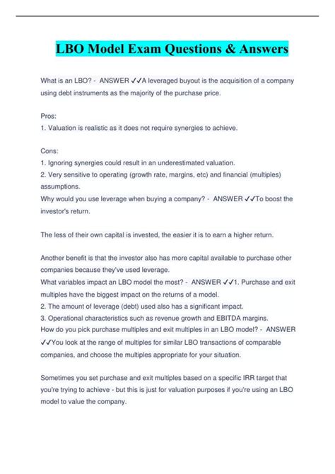 Lbo Model Exam Questions And Answers Lbo Stuvia Us
