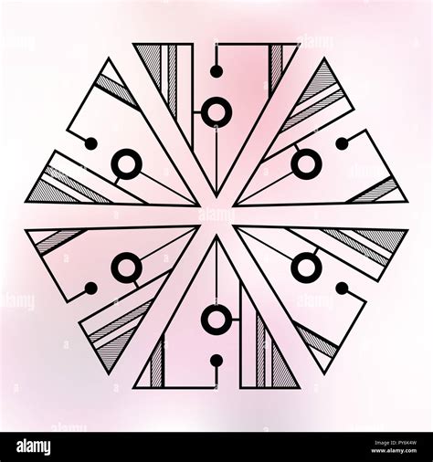 six symmetrically arranged triangles separated with lines and circles geometric elements