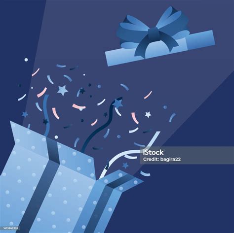 색종이 별이있는 선물 상자를 엽니 다 휴일 또는 생일 축하 선물과 할인이있는 휴일 인사말 카드 트렌디 한 파란색 색상의 배너 인쇄를위한 템플릿 웹 계절에 대한 스톡 벡터