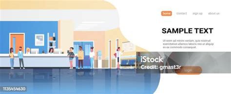 병원 접수 대기실 의사 상담 의료 개념 의료 클리닉 인테리어 전체 길이 수평 평면 복사 공간에서 레이스 환자 스탠 딩 라인 큐 믹스 결혼식 피로연에 대한 스톡 벡터 아트 및