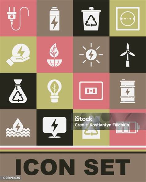 배터리 바이오 연료 배럴 풍력 터빈 재활용 지구 지구본과 잎 번개 볼트 전기 플러그 및 태양 에너지 패널 아이콘을 설정합니다
