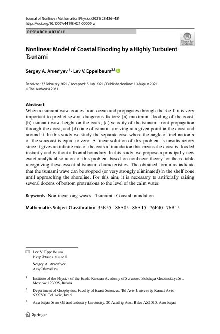 Pdf Nonlinear Model Of Coastal Flooding By A Highly Turbulent Tsunami