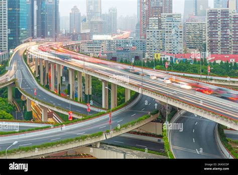 Aerial View Of Shanghai Viaduct Night Severe Traffic Congestion Stock