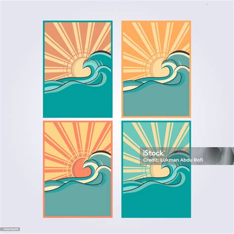 바다 일몰 파도 바다 포스터 아이콘 로고 기호 스티커 배너 일러스트 레이 션 빈티지 복고풍 풍경 바다 풍경 위대한 풍경에 대한 스톡 벡터 아트 및 기타 이미지 Istock