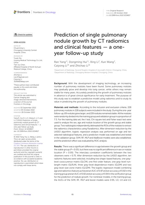 Pdf Prediction Of Single Pulmonary Nodule Growth By Ct Radiomics And Clinical Features — A One