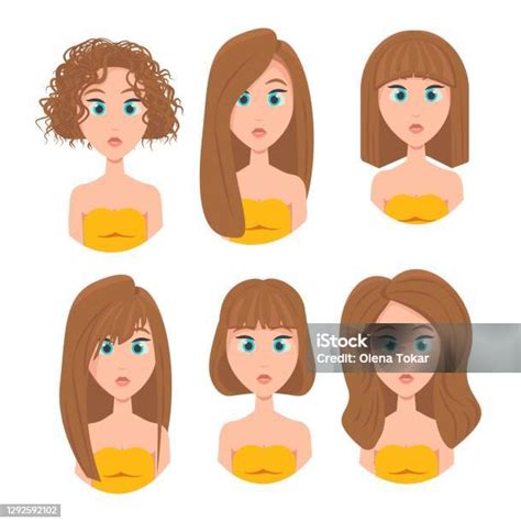 모델 이발과 헤어 스타일 빨간 머리 다른 이발 머리 길이 소녀 아바타 평면 스타일의 벡터 일러스트 흰색 배경에 고립 된 개체를 가진 소녀의 초상화 세트 귀여운에 대한 스톡