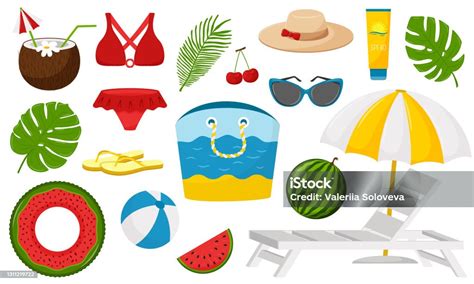 여름 휴가 파티를위한 플랫 만화 스타일의 장식 요소 세트 선베드 우산 수박 비치 백 안경 자외선 차단제 벡터 흰색 배경에 격리 0명에 대한 스톡 벡터 아트 및 기타 이미지