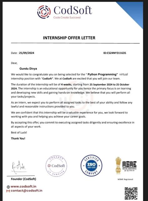 Divya Gundu On Linkedin Pythondeveloper Codsoft Techinnovation Newbeginnings