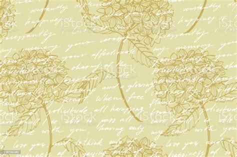 빈티지 스타일의 수국 그래픽 일러스트레이션 흰색 배경에 선 아트로 꽃 그리기 및 스케치 식물 그림입니다 손으로 쓴 추상 텍스트입니다 갈색에 대한 스톡 벡터 아트 및 기타