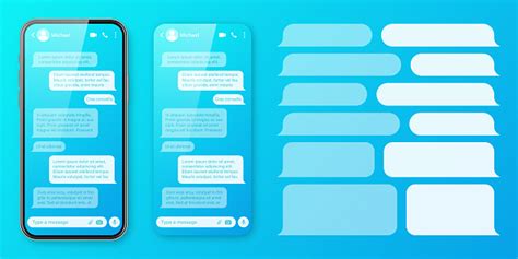 화려한 파란색 배경에 메시징 앱이 있는 현실적인 스마트폰 빈 Sms 텍스트 프레임입니다 투명한 메시지 거품이 있는 채팅 화면 소셜 미디어 응용 프로그램 벡터 그림 Brand